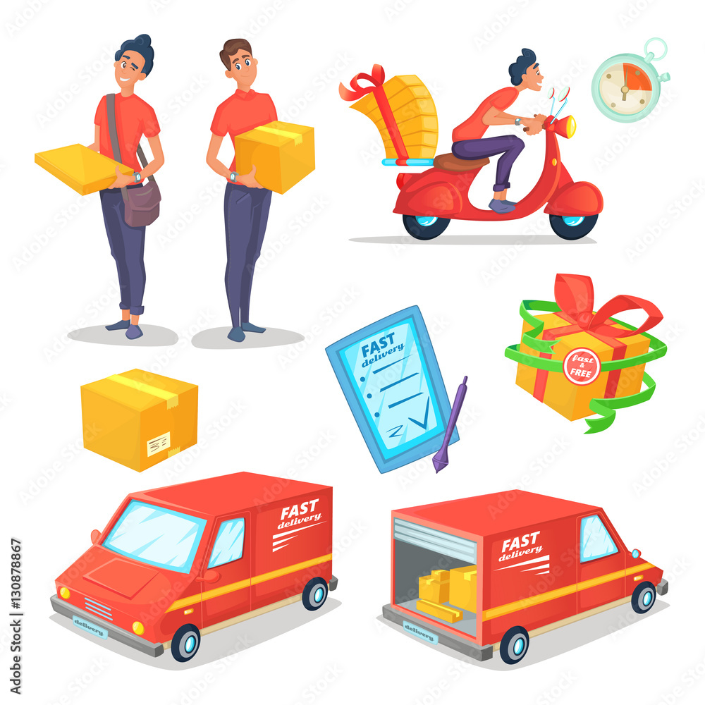 Cartoon delivery concept objects set. Fast delivery van and scooter ...