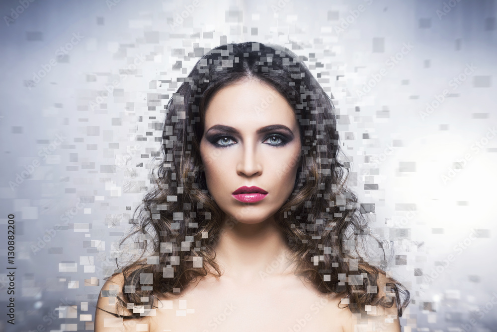 Portrait of a young beautiful woman in pixel style Photos | Adobe Stock