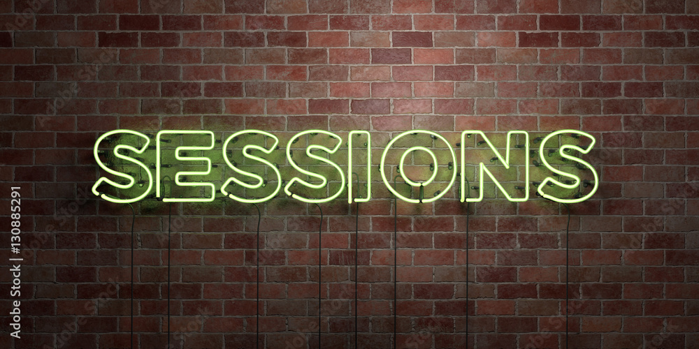 SESSIONS - fluorescent Neon tube Sign on brickwork - Front view - 3D ...