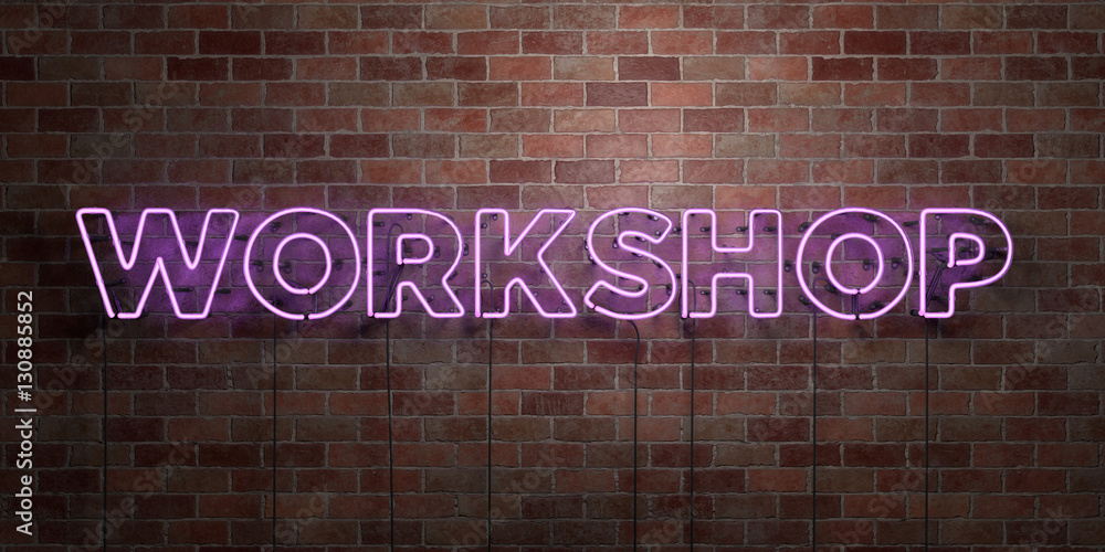 WORKSHOP - fluorescent Neon tube Sign on brickwork - Front view - 3D ...