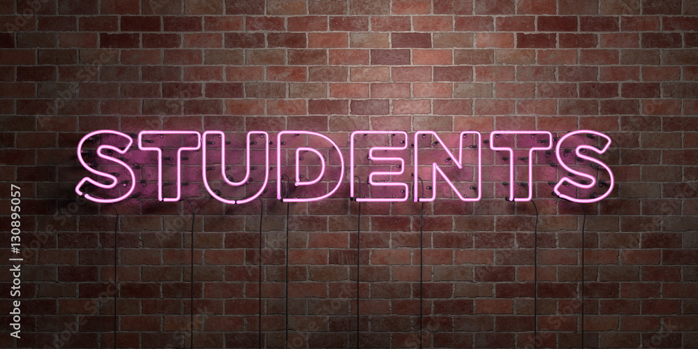 STUDENTS - fluorescent Neon tube Sign on brickwork - Front view - 3D ...