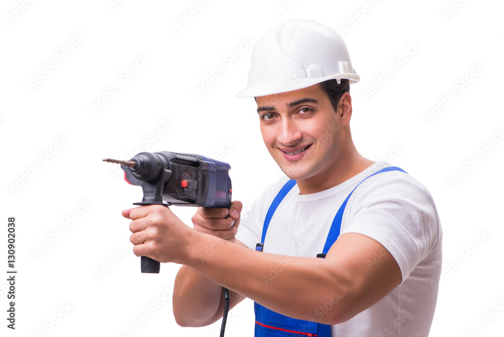 Man with drill isolated on the white Stock-Foto | Adobe Stock