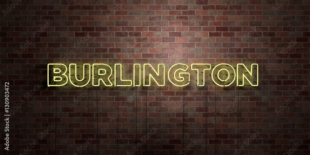 BURLINGTON - fluorescent Neon tube Sign on brickwork - Front view - 3D ...