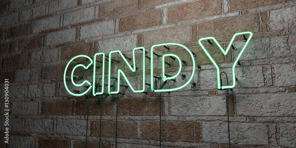 CINDY - Glowing Neon Sign on stonework wall - 3D rendered royalty free ...
