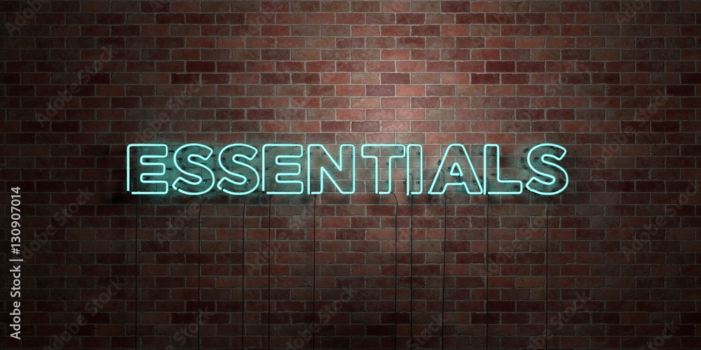 ESSENTIALS - fluorescent Neon tube Sign on brickwork - Front view - 3D ...