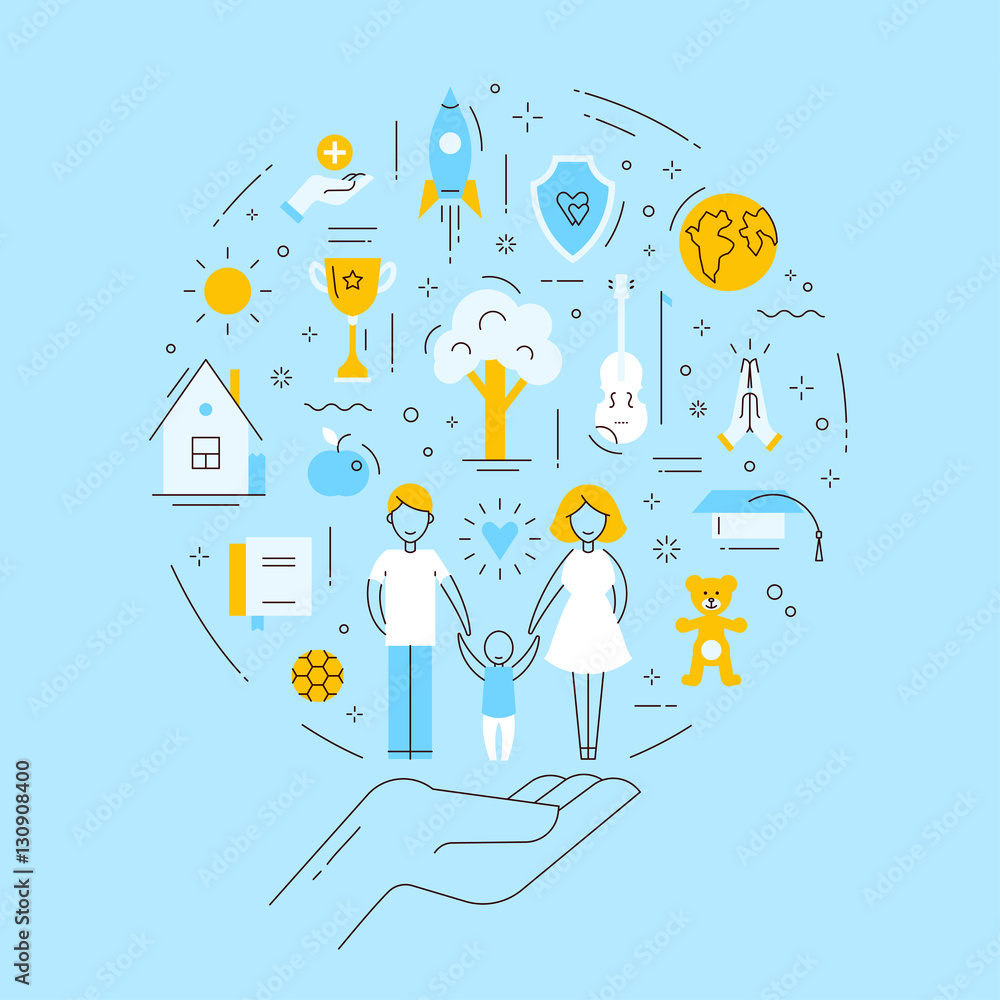 Vector infographic about the rights of a child. Design in thin line ...