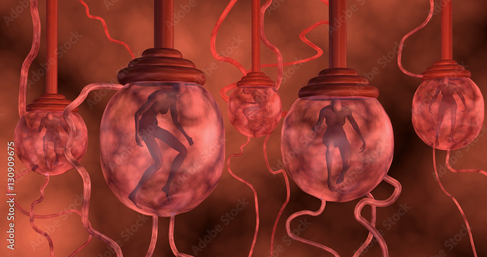 Multiple Genetically engineered humans, humanoid clones, suspended ...