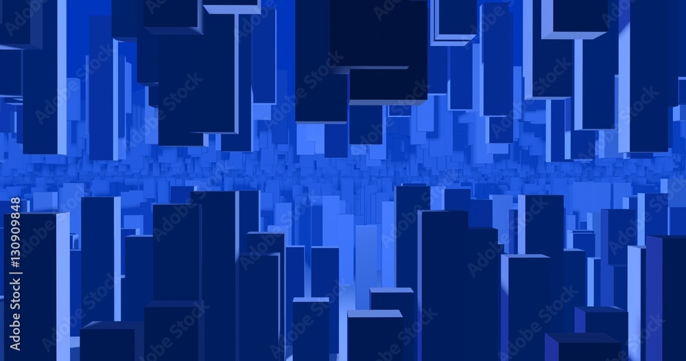 Stylized cubic 3d city , buildings, sky scrapers in light blue fog ...