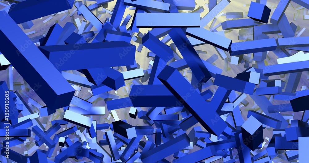 Swarm of floating, rotating, turning blocks against sun, rays, beams ...