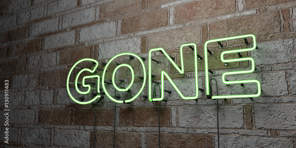 GONE - Glowing Neon Sign on stonework wall - 3D rendered royalty free ...
