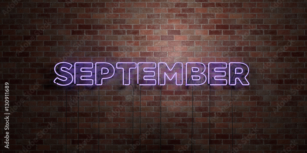 SEPTEMBER - fluorescent Neon tube Sign on brickwork - Front view - 3D ...