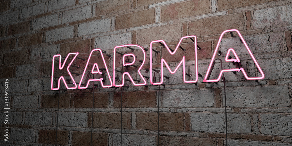 KARMA - Glowing Neon Sign on stonework wall - 3D rendered royalty free ...