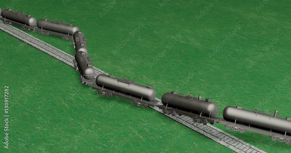 Train tanks derail off tracks whiles going at high speed. 3d render ...