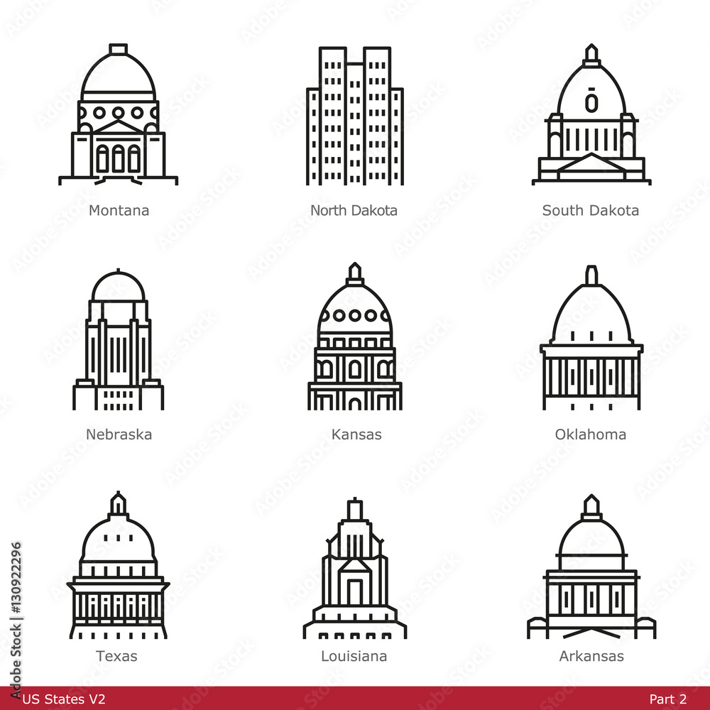 US State Capitols (Part 2) - Line Style Icons Stock Vector | Adobe Stock