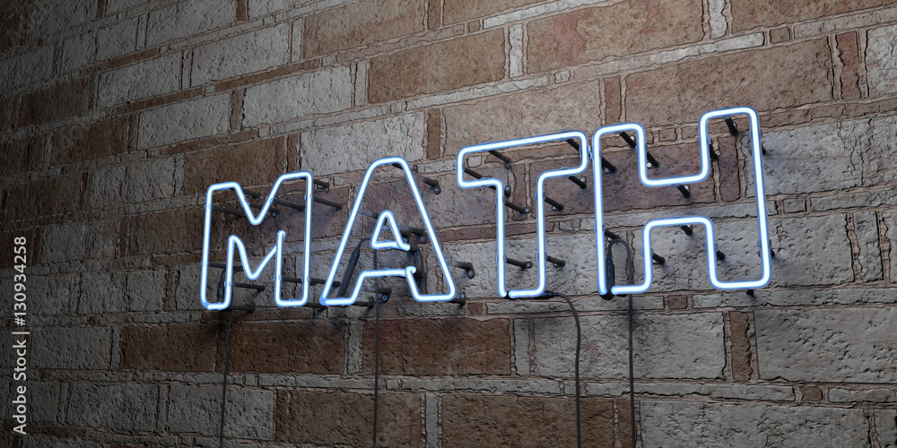 MATH - Glowing Neon Sign on stonework wall - 3D rendered royalty free ...