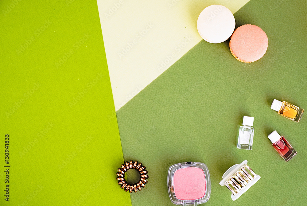 Flat lay for woman's fashion beauty blog and social media on a colorful ...