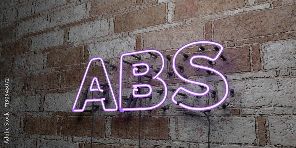 ABS - Glowing Neon Sign on stonework wall - 3D rendered royalty free ...