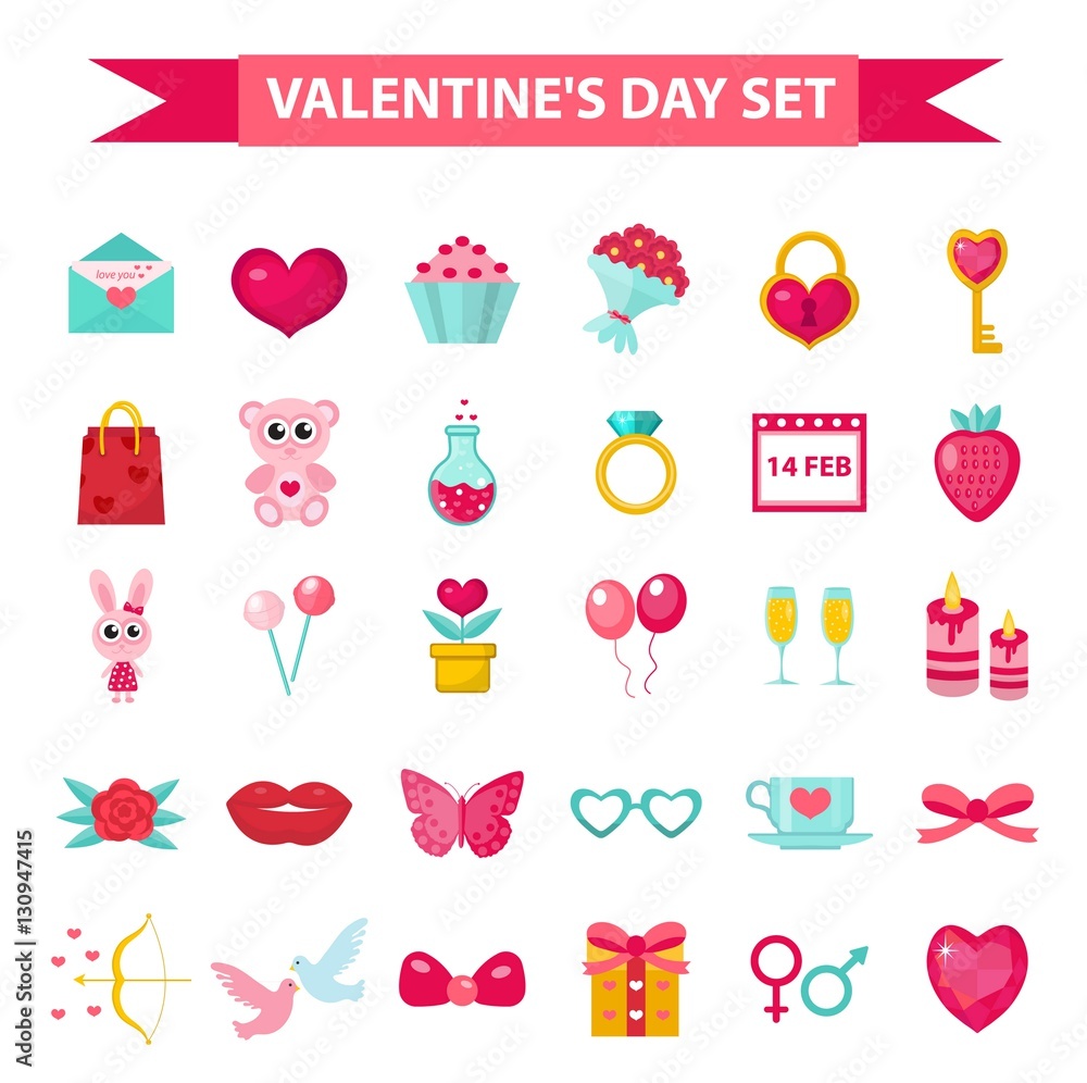 Valentines Day icon set, flat style. Love, romance and dating symbols collection, design element ...