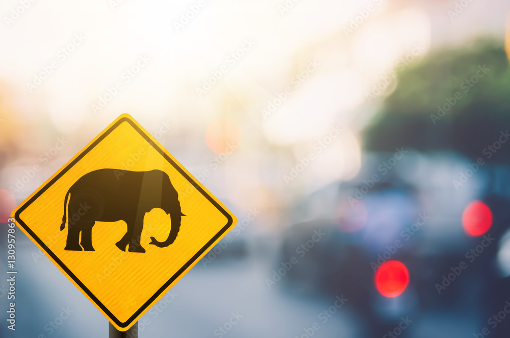 Elephant warning sign on blur traffic road with colorful bokeh light ...