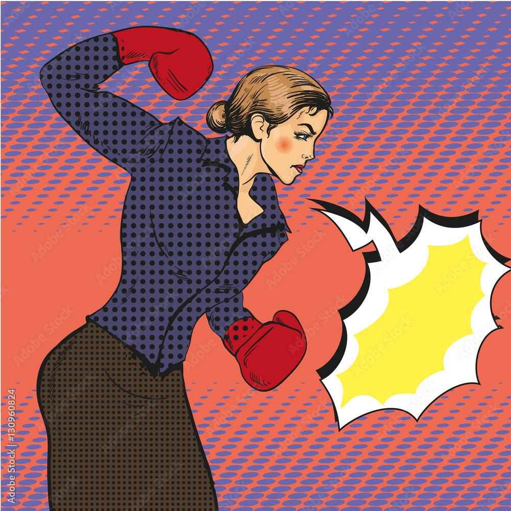 Vector illustration of business woman boxing in pop art style. Stock ...