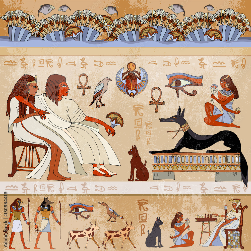 Ancient egypt scene. Egyptian gods and pharaohs Stock Vector | Adobe Stock