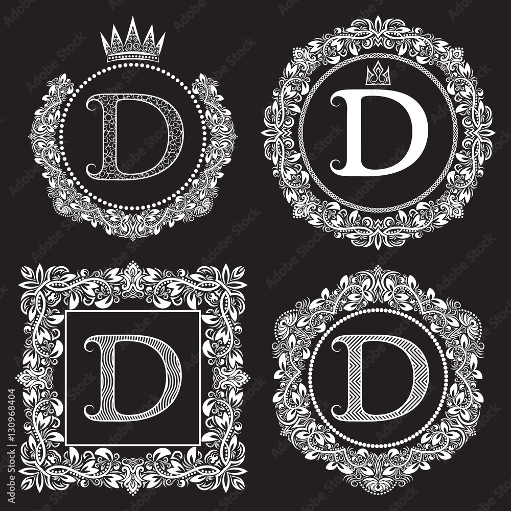 Vintage monograms set of D letter. Heraldic coats of arms in wreaths ...