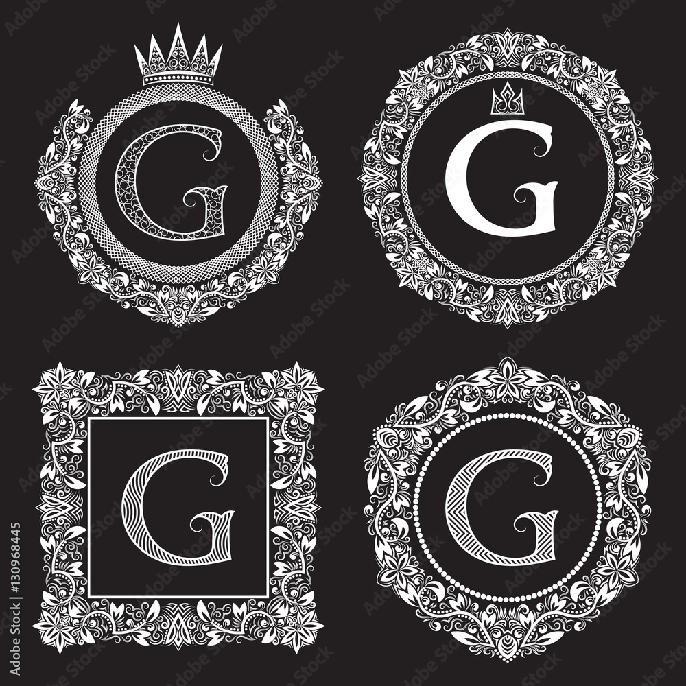 Vintage monograms set of G letter. Heraldic coats of arms in wreaths ...