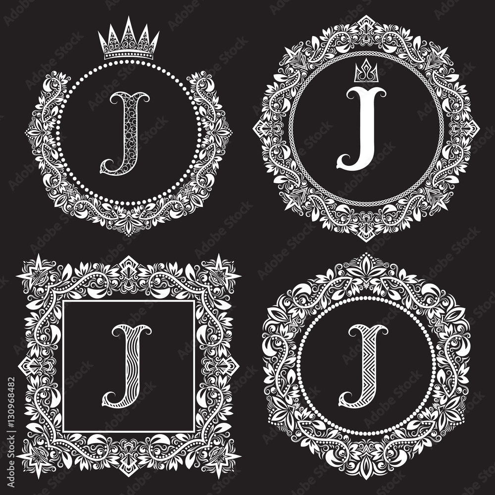 Vintage monograms set of J letter. Heraldic coats of arms in wreaths ...