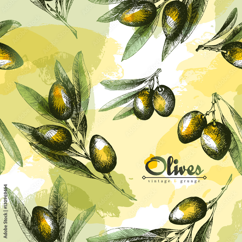 Olives seamless pattern color sketch style vector hand drawn background ...