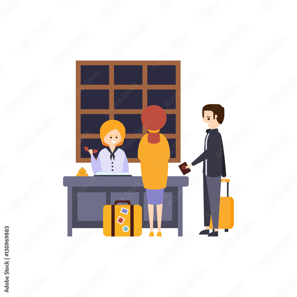 People At The Reception Desk Checking In Hotel Themed Primitive Cartoon ...