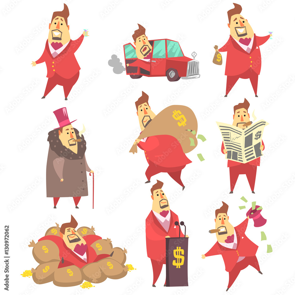 Millionaire Rich Man Funny Cartoon Character And His Money Set Of ...