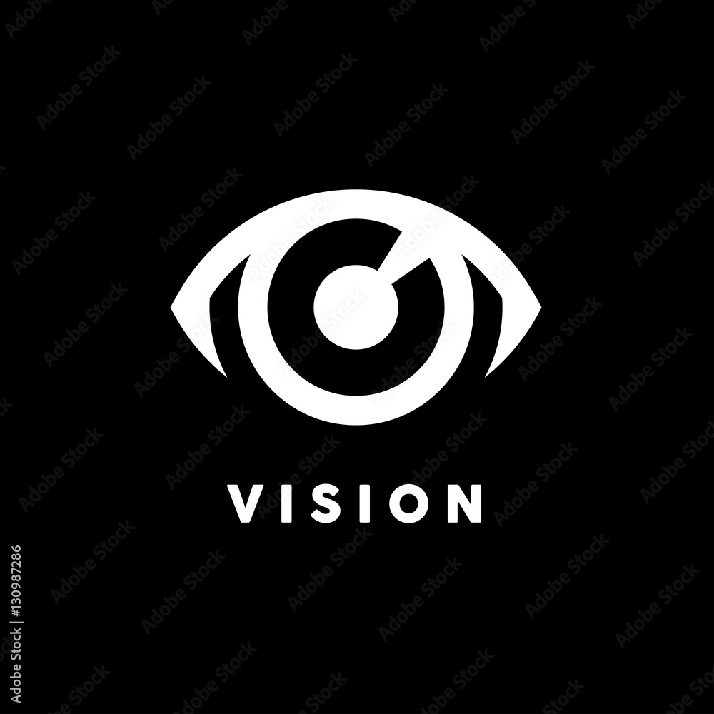 Abstract vision logo with white eye icon concept on black background ...