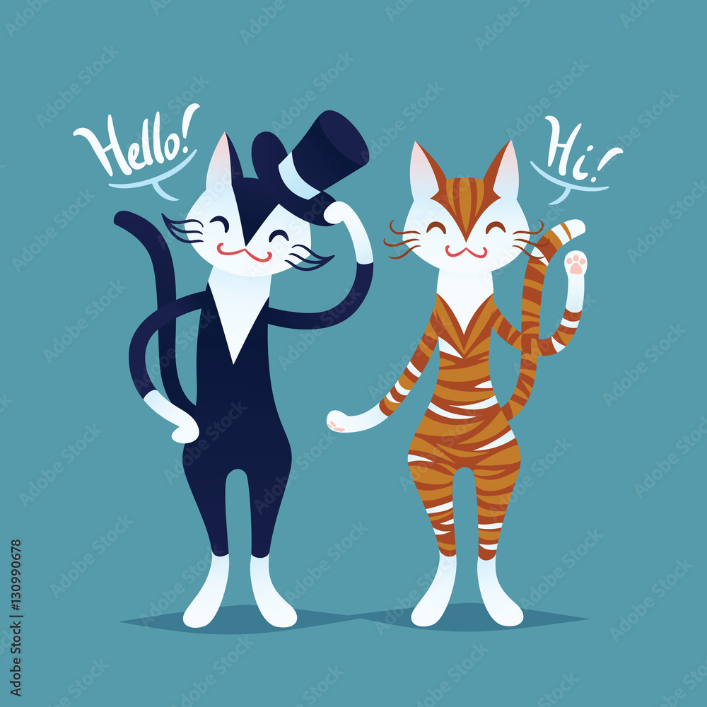 Cute cat couple. Vector illustration in flat cartoon style. Hello ...