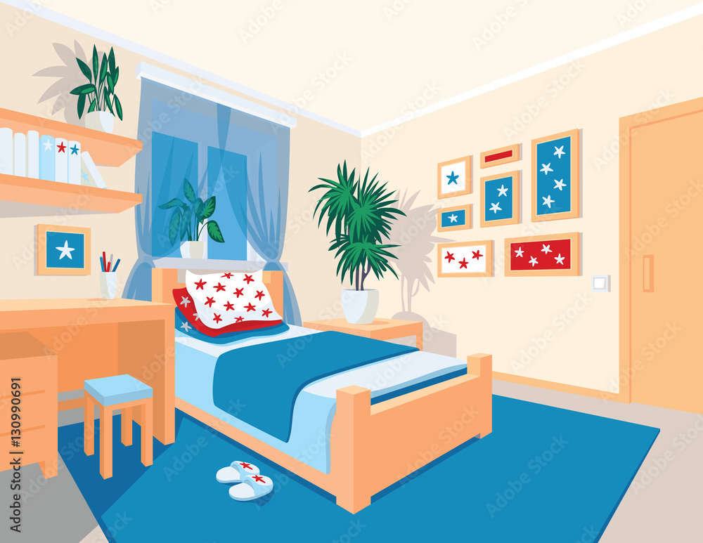 Colorful interior of bedroom in flat cartoon style. Stock Vector ...