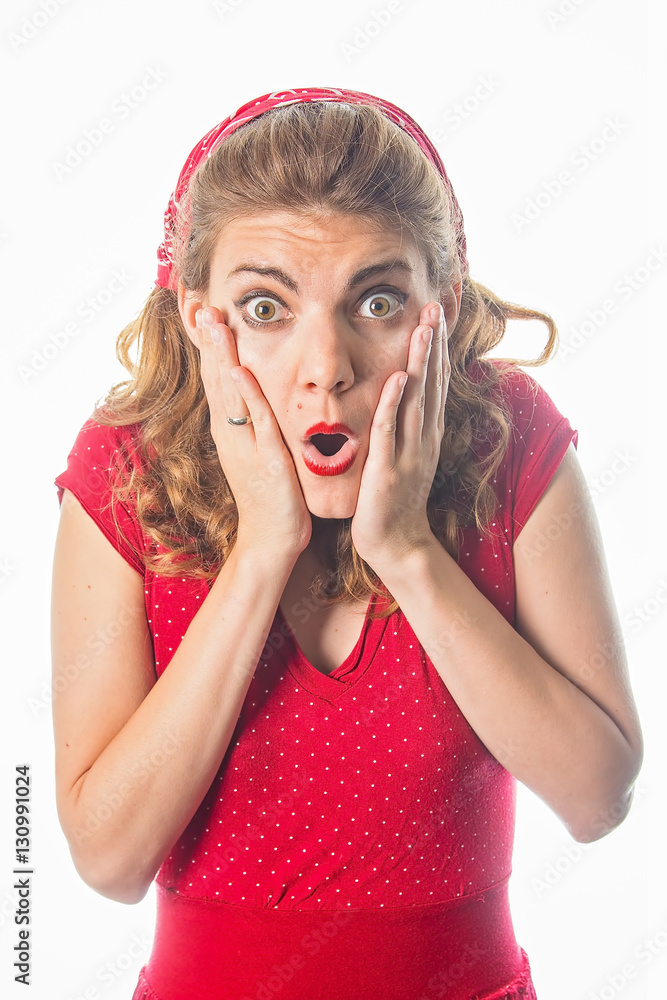 Surprised red retro girl, vintage woman expressing negative shock Stock ...