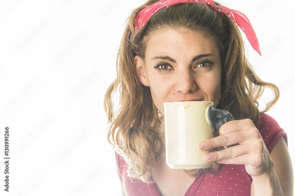 Red retro vintage woman enjoying her cup of coffee, white background ...
