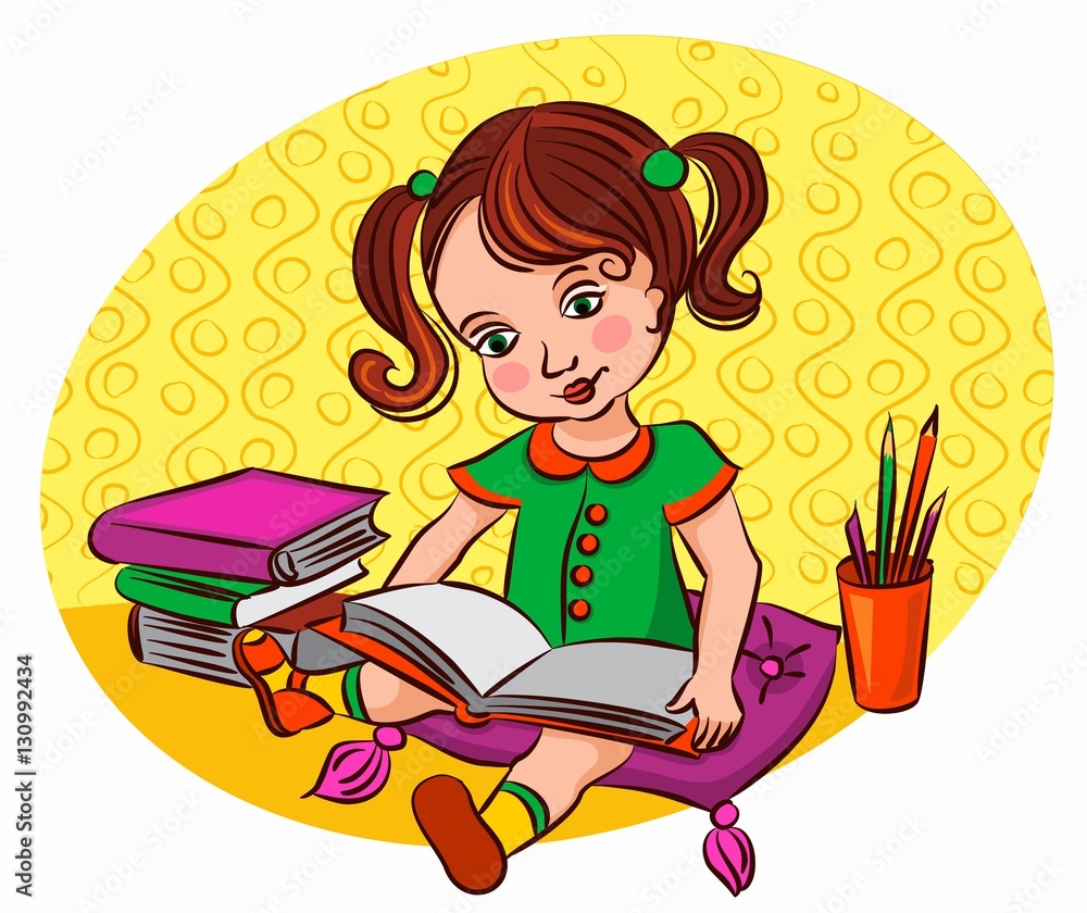 Little girl looking at a book, studying pictures, reading stories. The ...