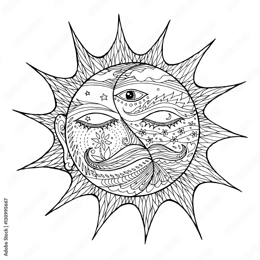 abstract sun face, sunny icon sign symbol, zentangle art hand drawn ...