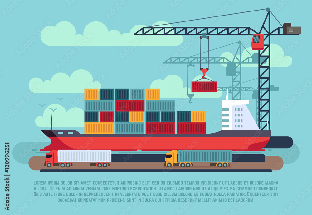 Transport cargo sea ship loading containers by harbor crane in shipping ...