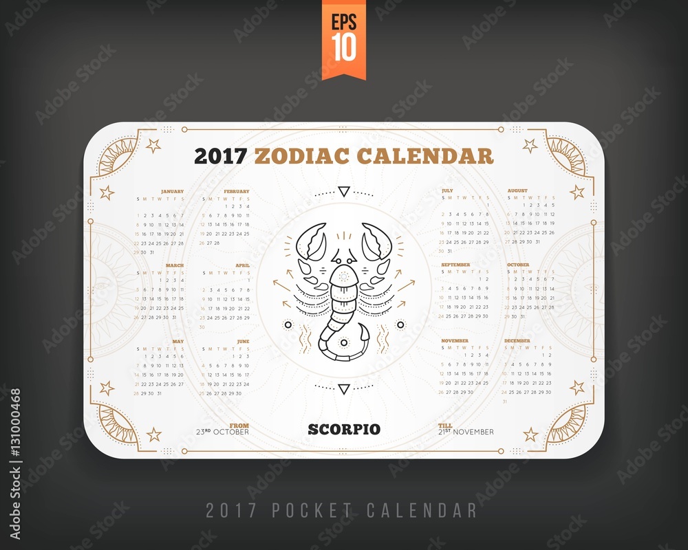 Scorpio 2017 year zodiac calendar pocket size horizontal layout White ...