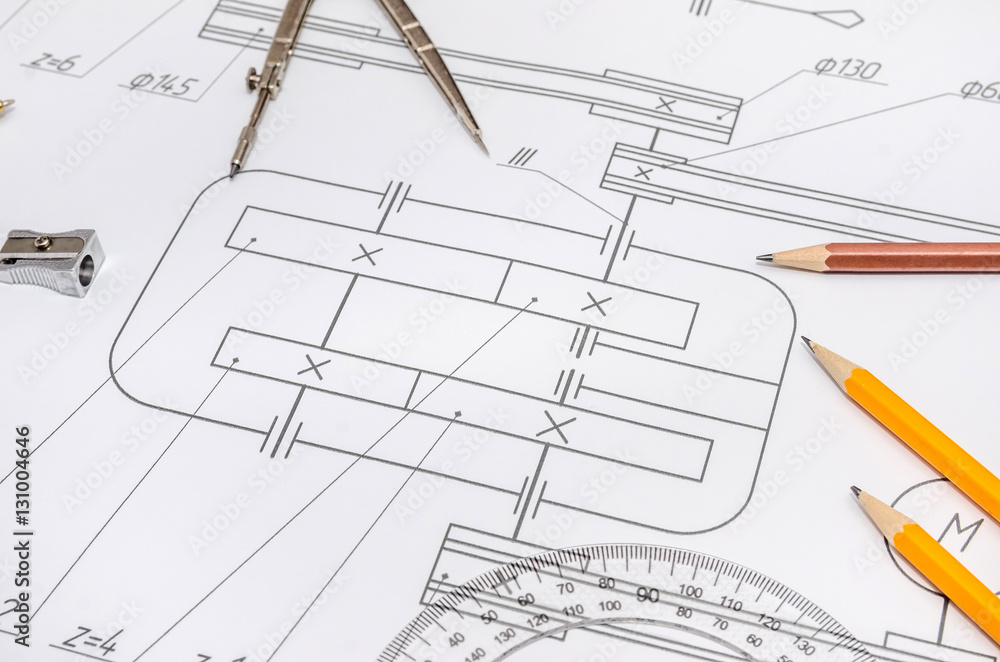 The engineering drawing with tools Stock Photo | Adobe Stock
