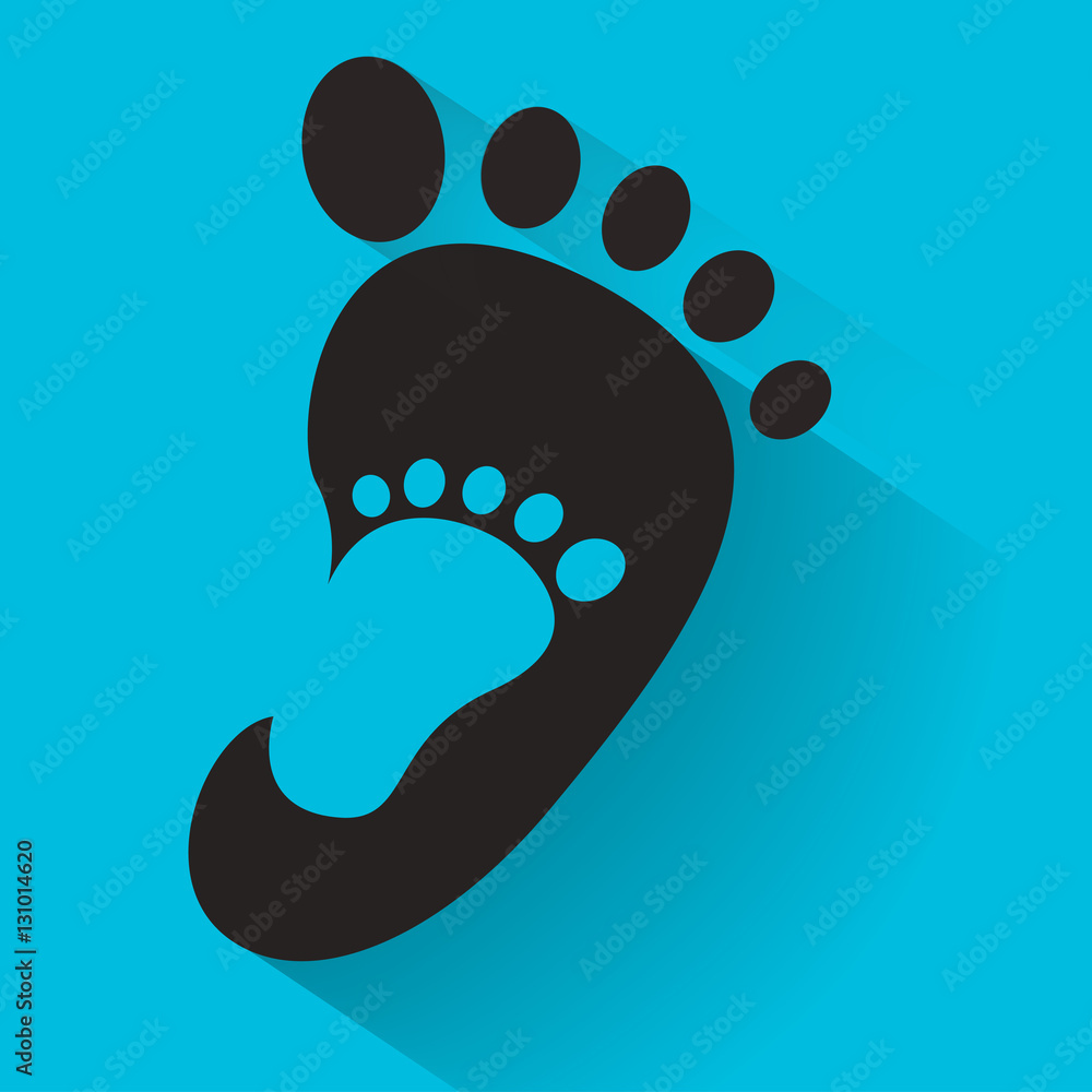 baby footprint in adult foot icon. Kids shoes store icon. Family sign ...