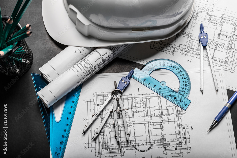 Construction planning drawings on black background Stock Photo | Adobe ...