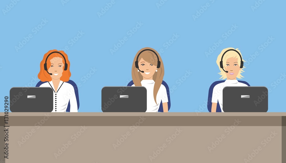 Web banner of call center workers. Young women in headphones sitting at ...