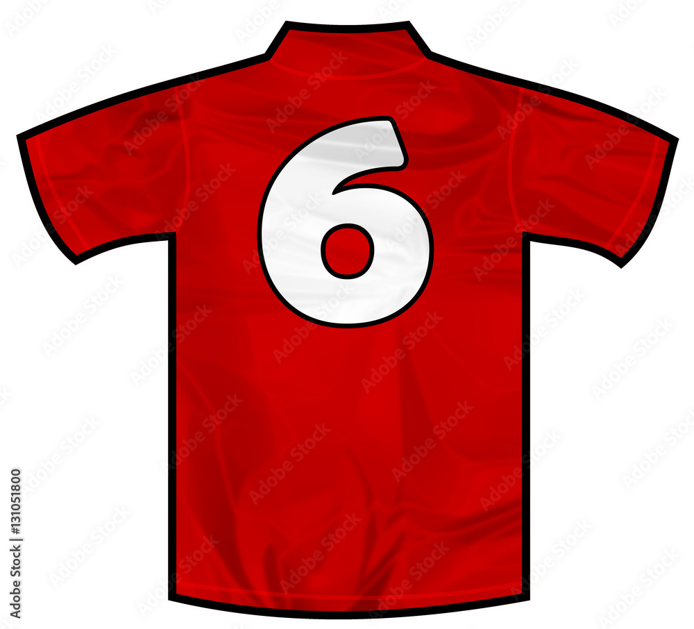 Number 6 six red sport shirt as a soccer,hockey,basket,rugby, baseball ...
