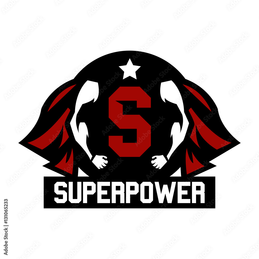 Logo superhero. Cloak superman. Muscular arms. Most of the letter in ...