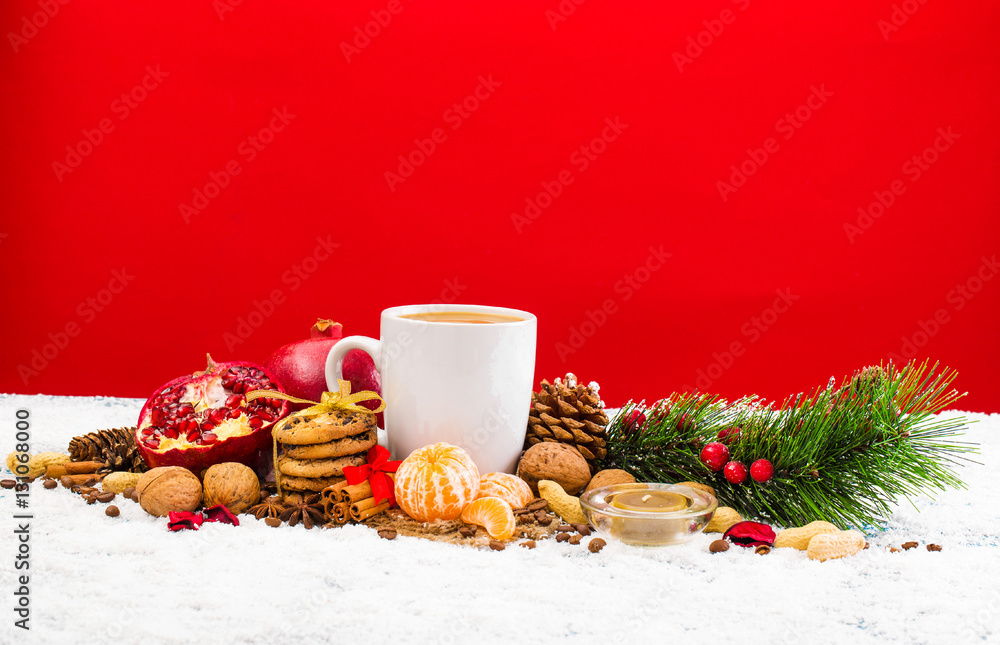 Christmas holiday background with coffee cup Stock-Foto | Adobe Stock