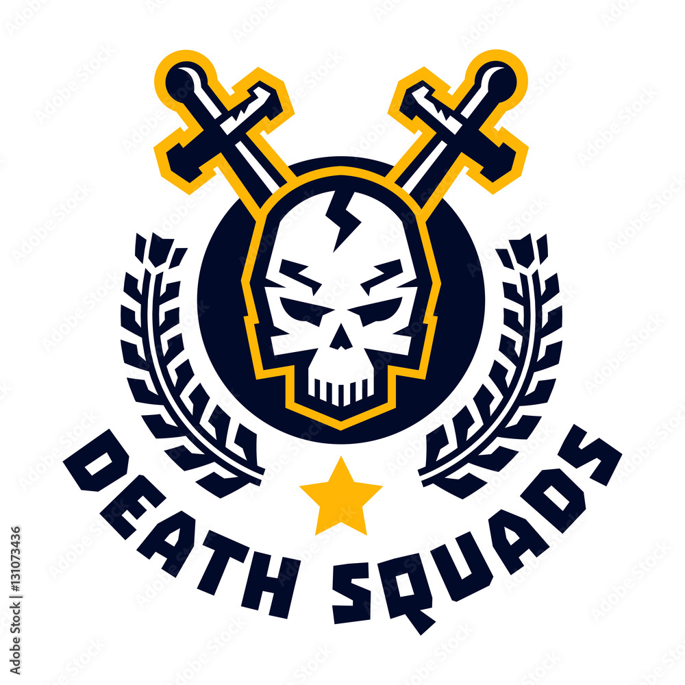 Logo death squad. Human skull and cross swords. Wreaths. The emblem on ...