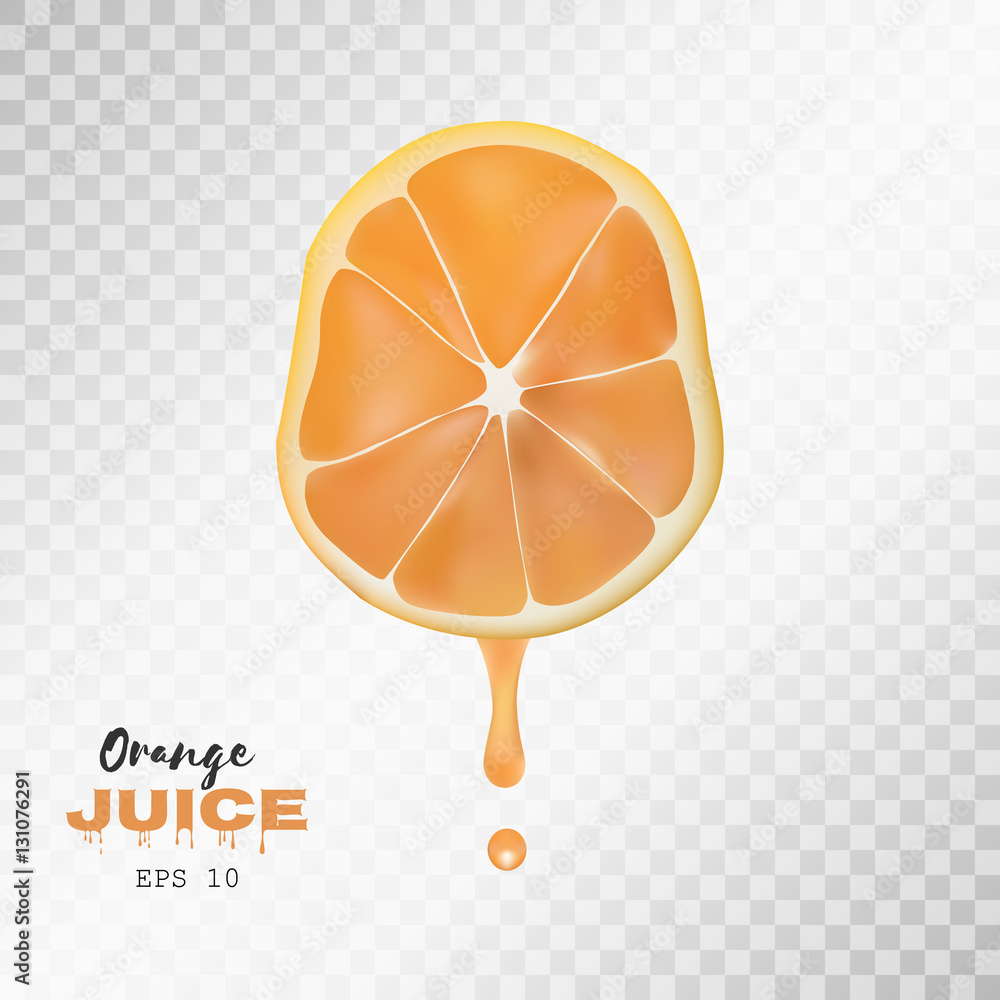 Vector realistic sliced orange with drop of juice. Transparent ...