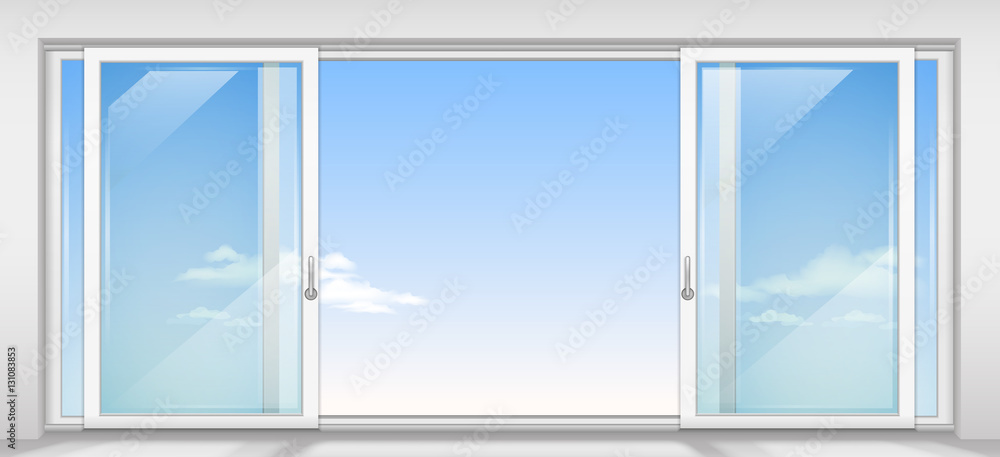 Modern wide sliding door with transparent glass. Vector graphics. The ...